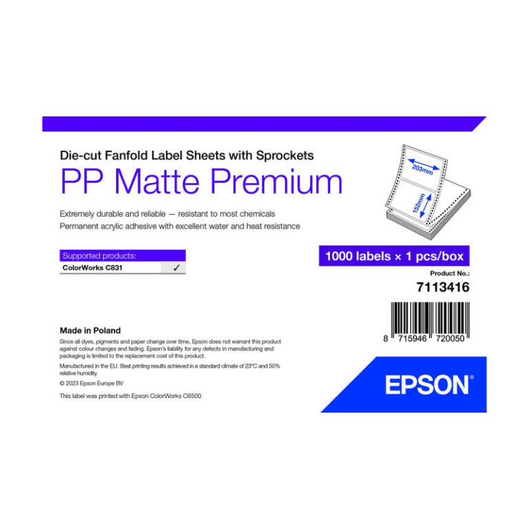 Labels, Epson, Syntetisk, PP Mat Label Premium, B: 203 Mm, H: 152 Mm, C ...